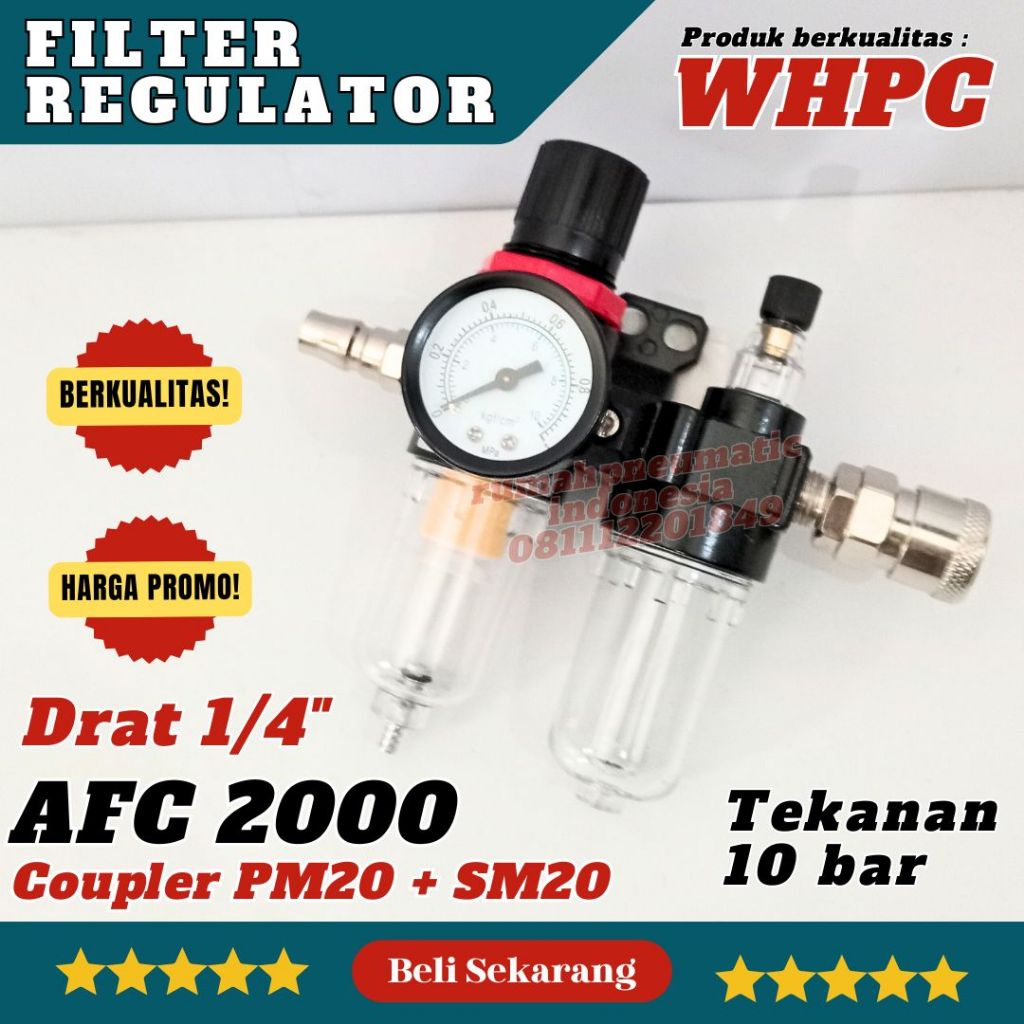 Jual SET FILTER REGULATOR AFR 2000 + COUPLER PM20 dan SM20 dan DRAT 1/4 in 10 bar | Shopee Indonesia