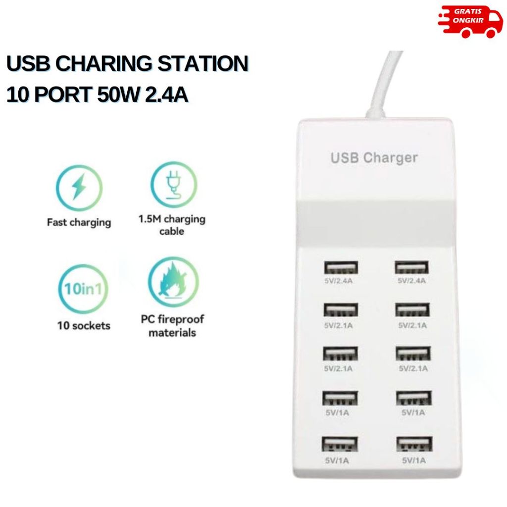 Jual Charger 50W Fast PD 10 Ports for iPhone Android Quick USB Charging ...