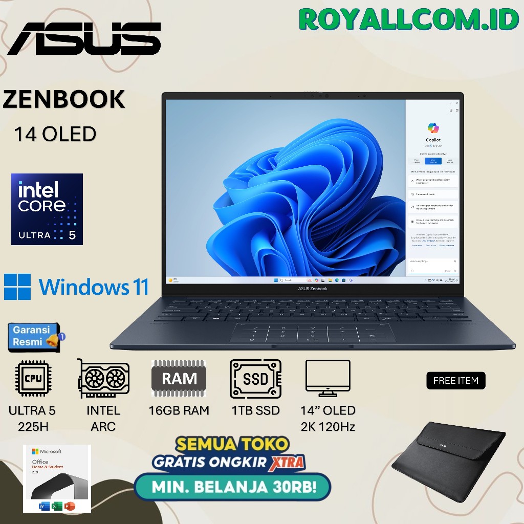 Jual ASUS ZENBOOK 14 OLED TOUCH UX3405CA ULTRA 5 225H 16GB 1TB W11+OHS ...