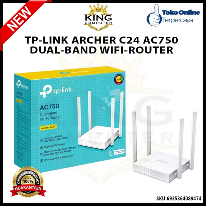 Jual TP-LINK ARCHER C24 AC750 DUAL BAND 5GHz+2.4GHz Wi-Fi Router High Speed TPLINK | Shopee ...