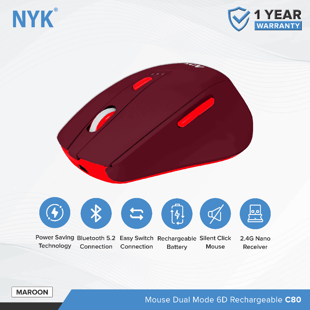 Jual NYK Mouse C80 Maroon Dual Mode Bluetooth Wireless Rechargeable ...