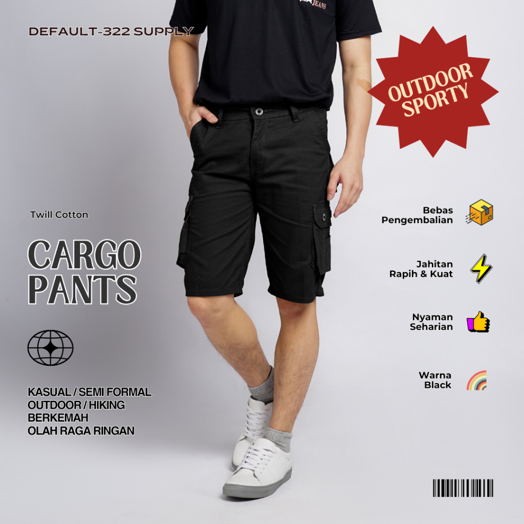 Jual Celana Cargo Pendek Pria Warna Hitam Black Solid Bahan Twill Size ...