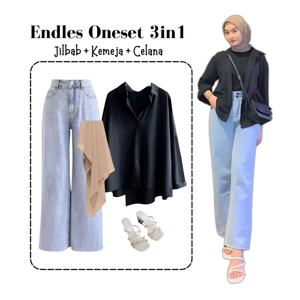 Jual One set 3in1 kemeja kerah polos hitam celana kulit highwaist cullote pants denim jilbab ...