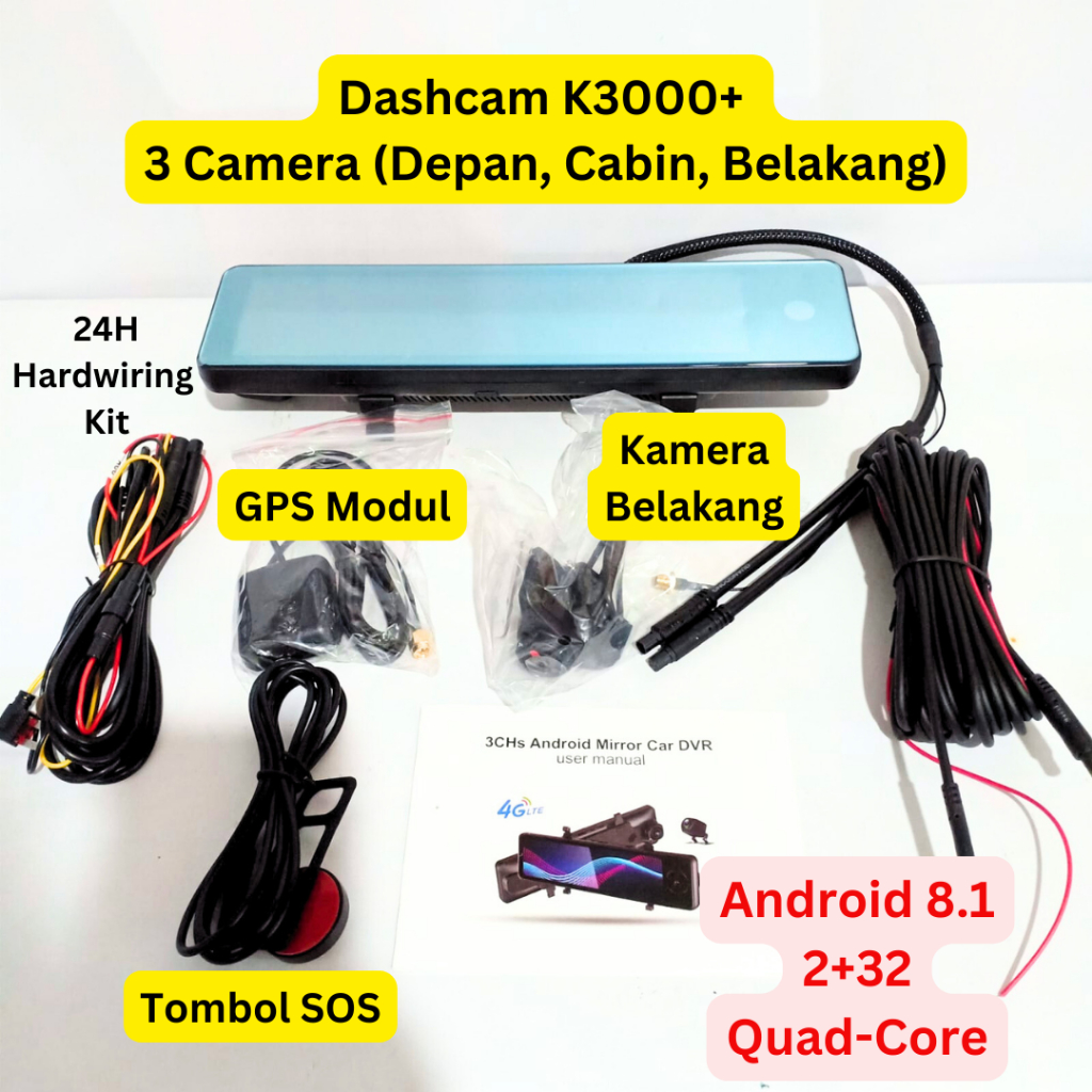 Jual Dashcam Mobil 3 Kamera Front Cabin Rear K3000+ 1080p Full HD Model ...