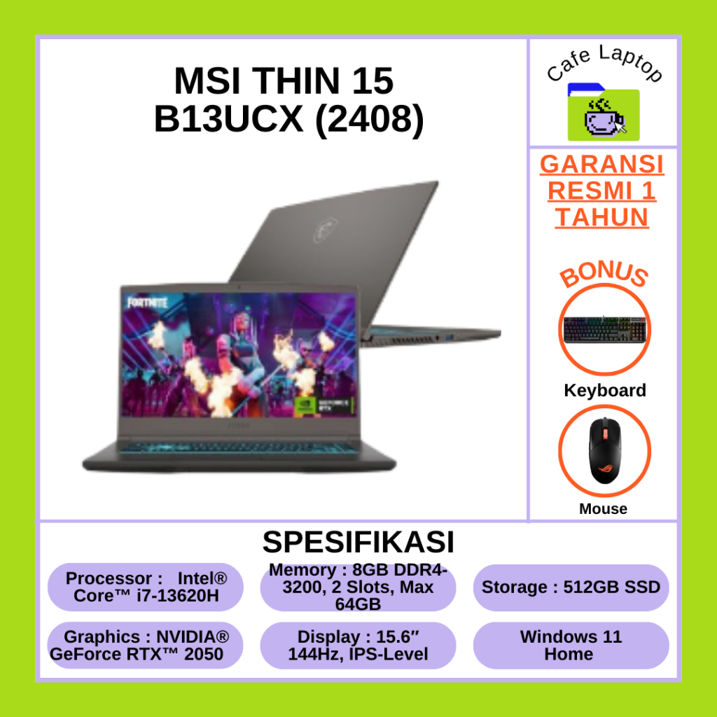 Jual MSI Thin 15 B13UCX (2408) Core i7-13620H 8GB 512GB SSD RTX2050 4GB 15.6″ FHD 144Hz Win 11 ...