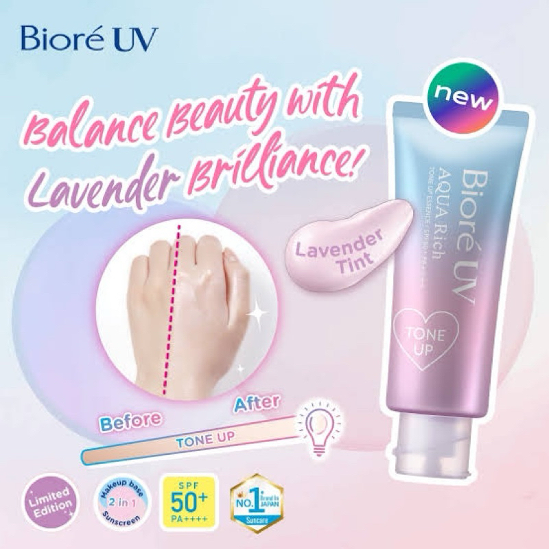 Jual Biore UV Aqua Rich Tone Up Essence SPF 50+ PA+++ Sunscreen Lavender Tint Limited Edition ...