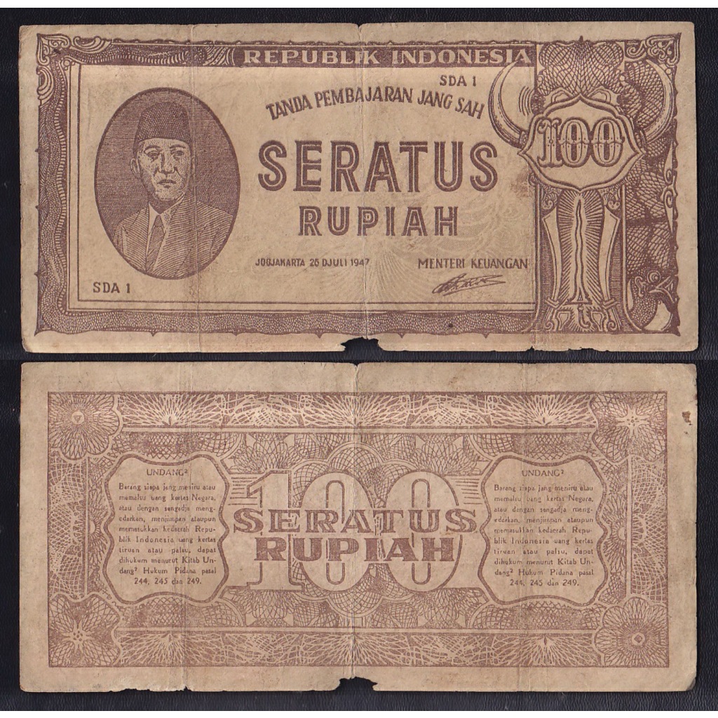 Jual Uang kuno 100 Rupiah tahun 1947 SDA1 seri Oeang Repoeblik ...