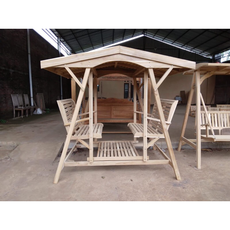 Jual Ayunan Teras Rumah Kayu Jati Minimalis Double Bench | Shopee Indonesia