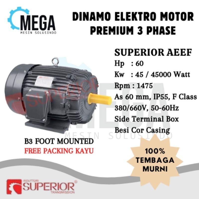 Jual Superior 3 Phase 60 HP 1400rpm 4 pole High Quality -- Electro Motor 45 KW Dinamo Duduk AEEF ...