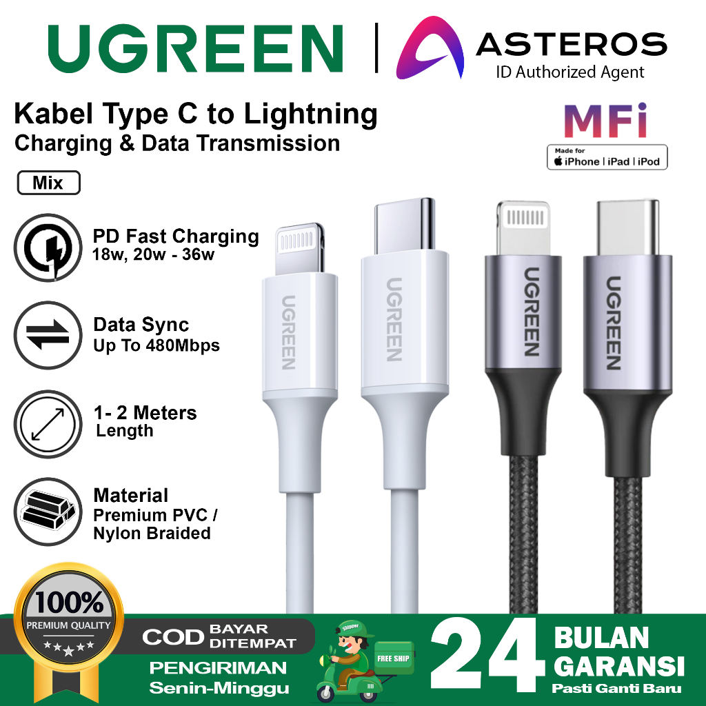 Jual UGREEN Kabel Data MFi iPhone X 11 12 13 14 PD Type C to Lightning Fast Charging 18w -30w(1 ...