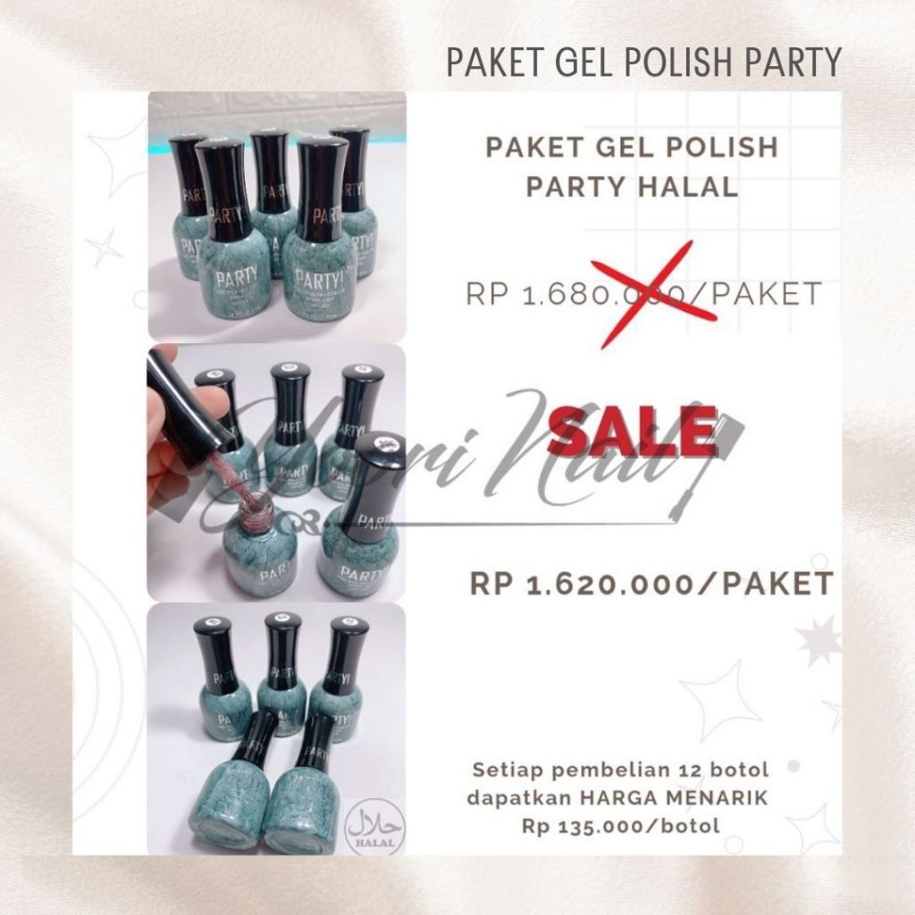Jual (12 botol) Paket gel polish halal PARTY 12 warna top coat base ...