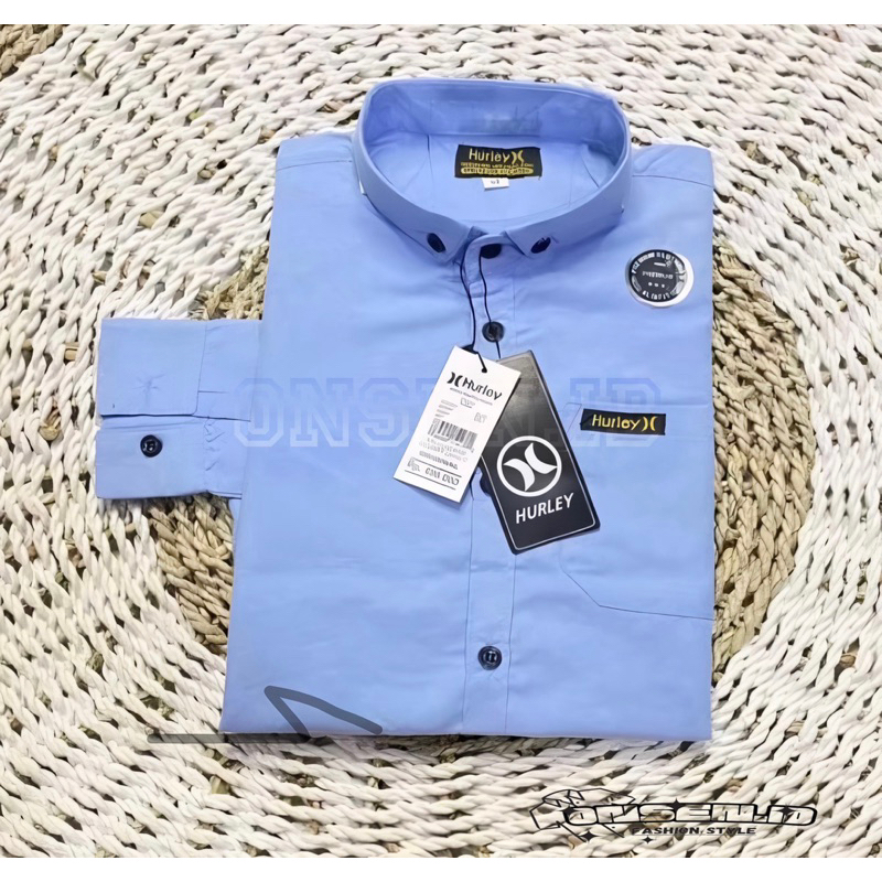 Jual OSN 001 Hurley Kemeja Pria Biru Polos Lengan Panjang Kualitas ...