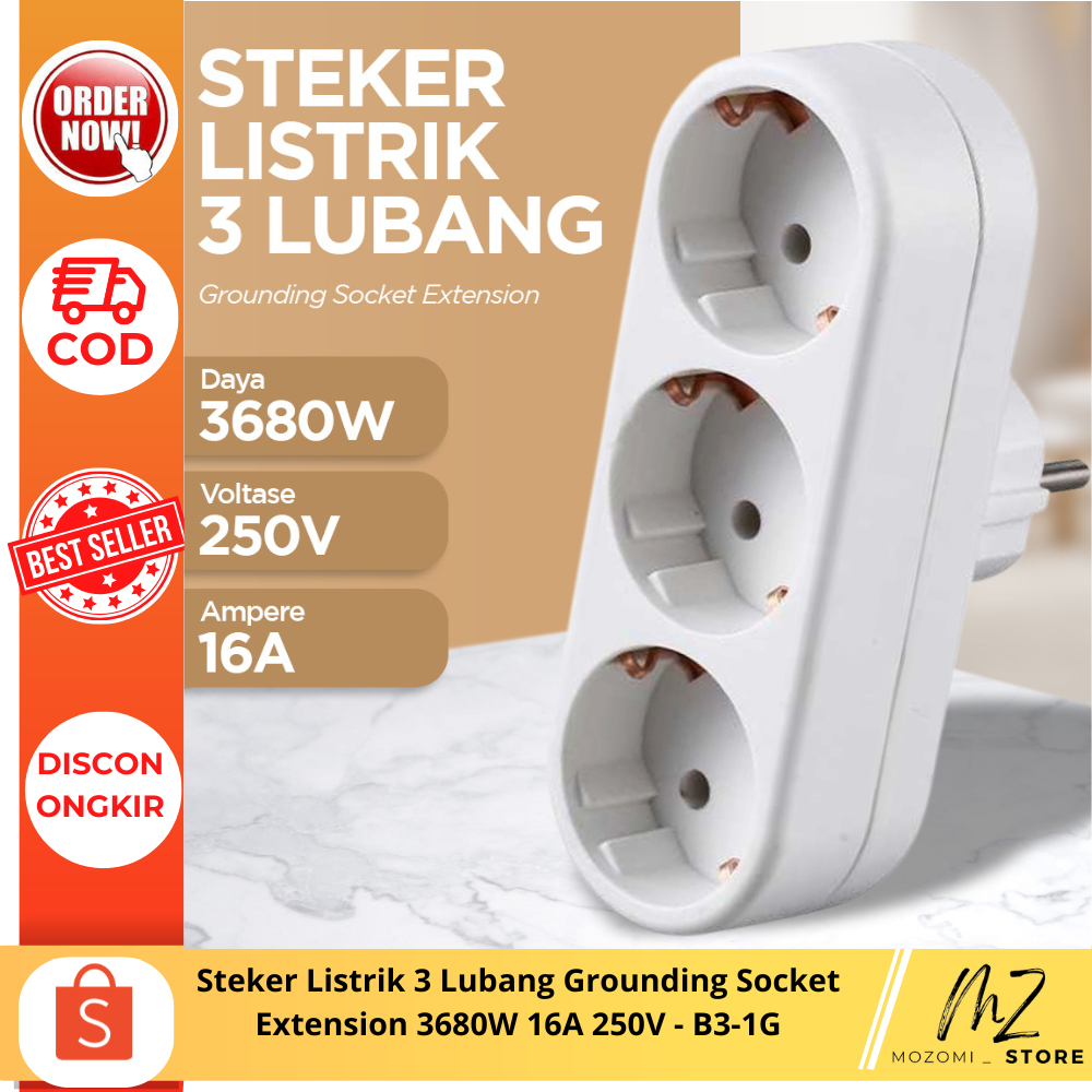 Jual Steker Listrik 3 Lubang Grounding Socket Extension 3680W 16A 250V ...