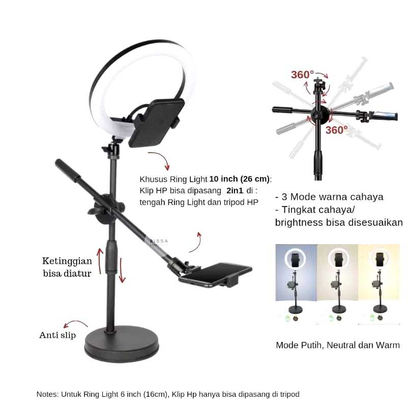 Jual Overhead tripod 360° + ring light 2in1 Lampu bulat foto light ...
