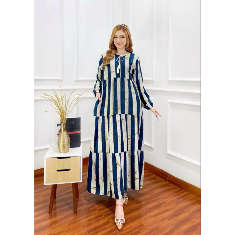 Jual Arsy Midi Dress By PBstore Gamis Susun Rayon Motif Salur Terlaris Baju Lebaran Busana ...