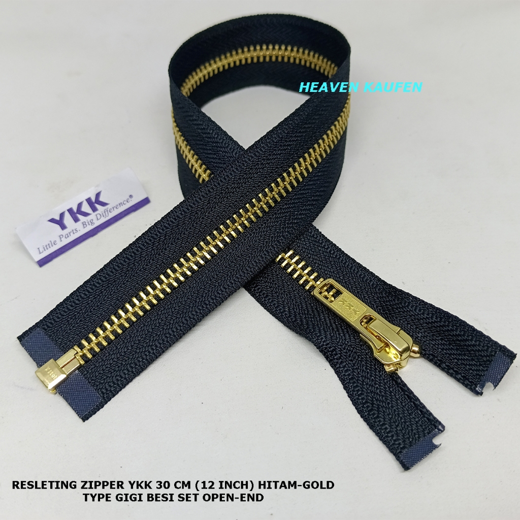 Jual Resleting Zipper YKK 30 cm atau 12 inch Hitam Gold Emas Type Gigi Besi Model Set Open End ...