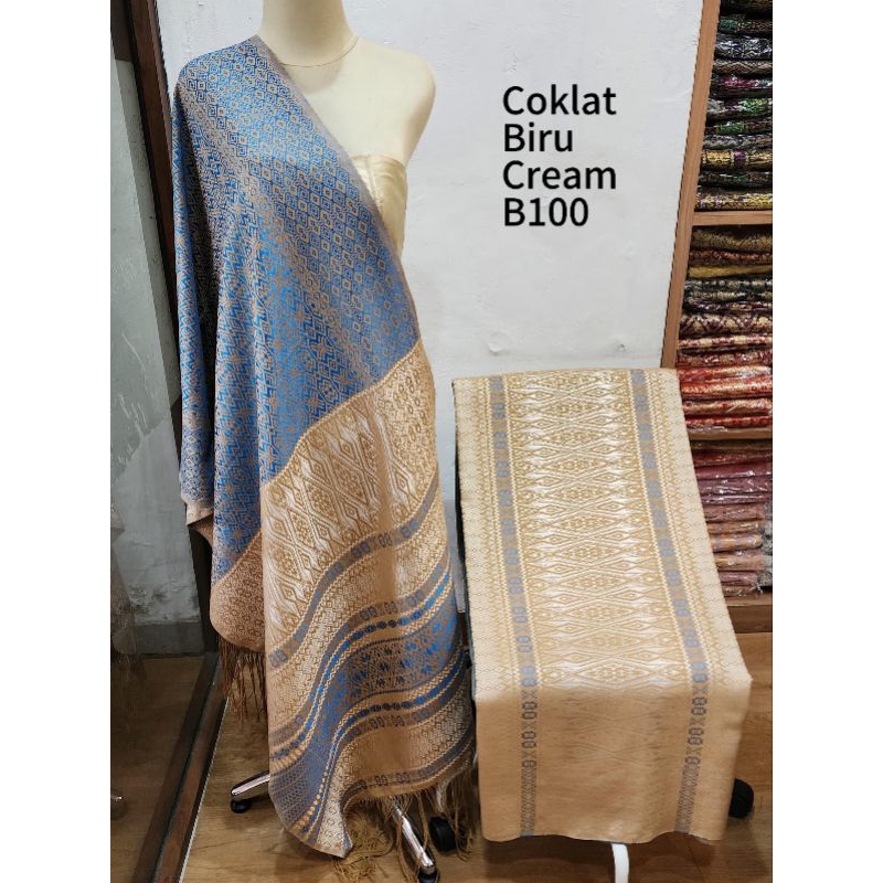 Jual Kain Songket Medan Tumtuman Tanpa Sambungan Coklat biru Cream ...
