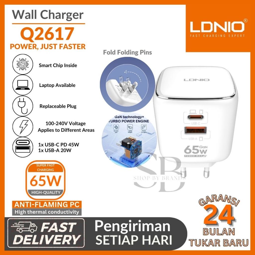 Jual Travel Wall Charger LDNIO Q2617 USB C PD QC GaN 65W Foldable Pins ...