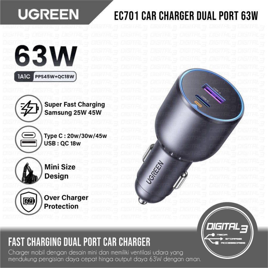 Jual UGREEN EC701 Car Charger Dual Port USB C + USB A 63W Fast Charging PD 3.0 PPS Adapter Saver ...