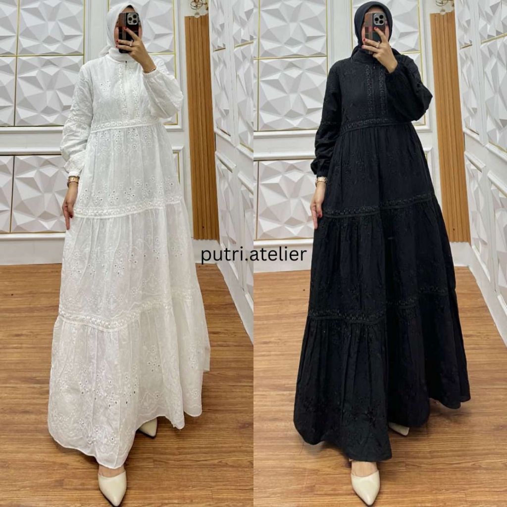 Jual Azalea Dress Gamis Katun Bordir Bolong Katbol Umroh Hitam Putih ...
