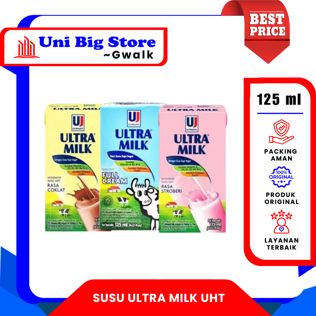 Jual SUSU ULTRA MILK UHT FULL CREAM - COKLAT - STRAWBERRY - 125 ml | Shopee Indonesia