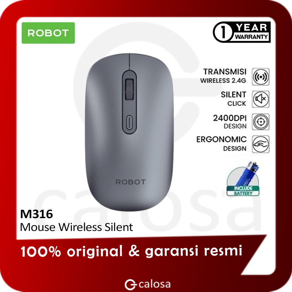 Jual Termasuk Baterai Mouse ROBOT M316 Grey Wireless Mouse Silent Click ...
