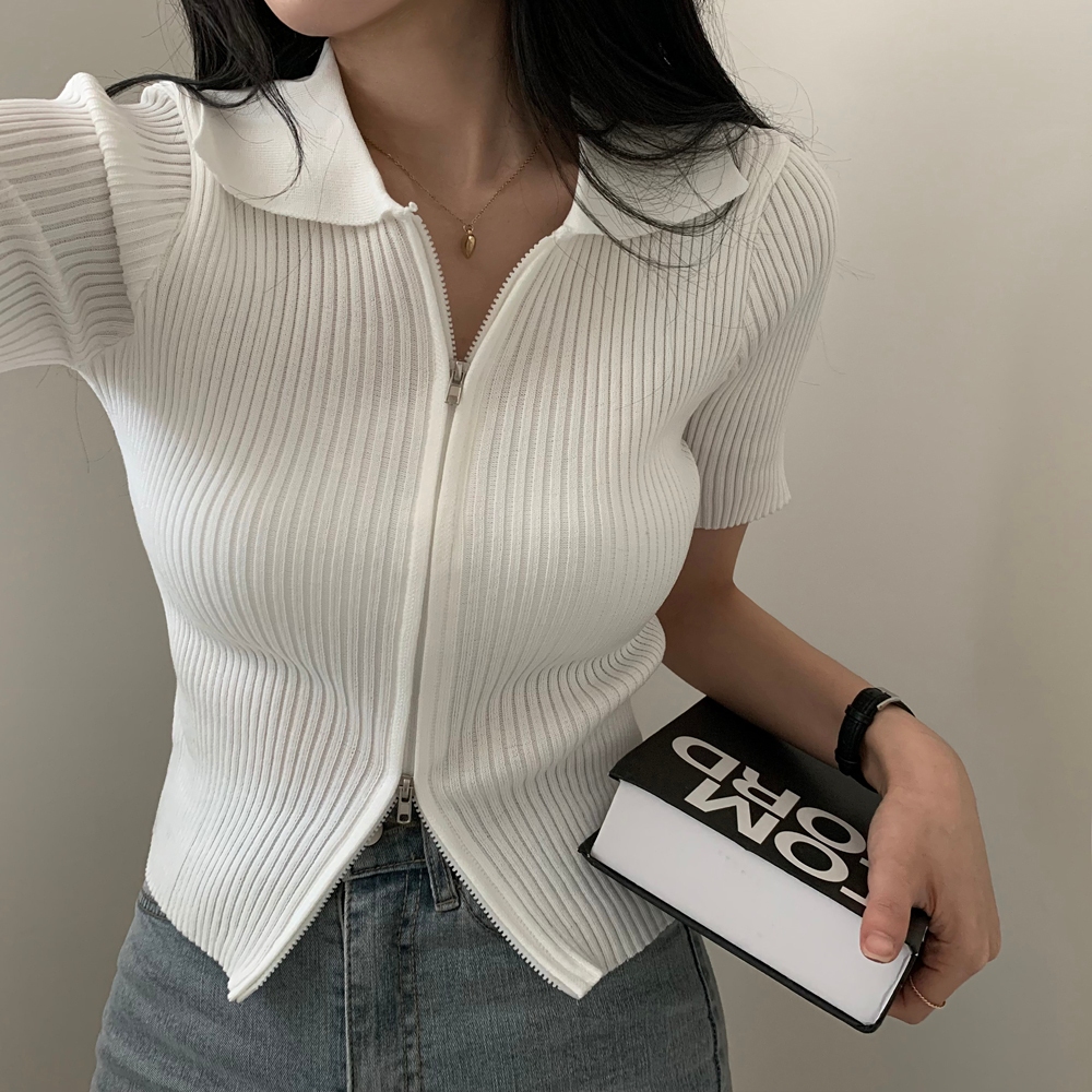 Jual Women Collar Short Sleeve Rib Zipper Crop Top 2225 | Shopee Indonesia