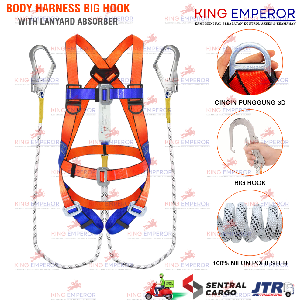 Jual Safety Full Body Harness Big Hook Lanyard Absorber With Climbing Belt / Sabuk Perlindungan ...