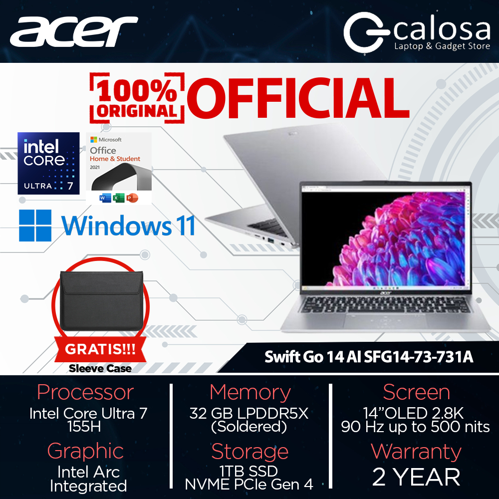 Jual Acer Swift Go 14 AI SFG14-73-731A Ultra 7 155H 32GB 1TB SSD 14″ 2.8K OLED Win 11 Home+OHS ...