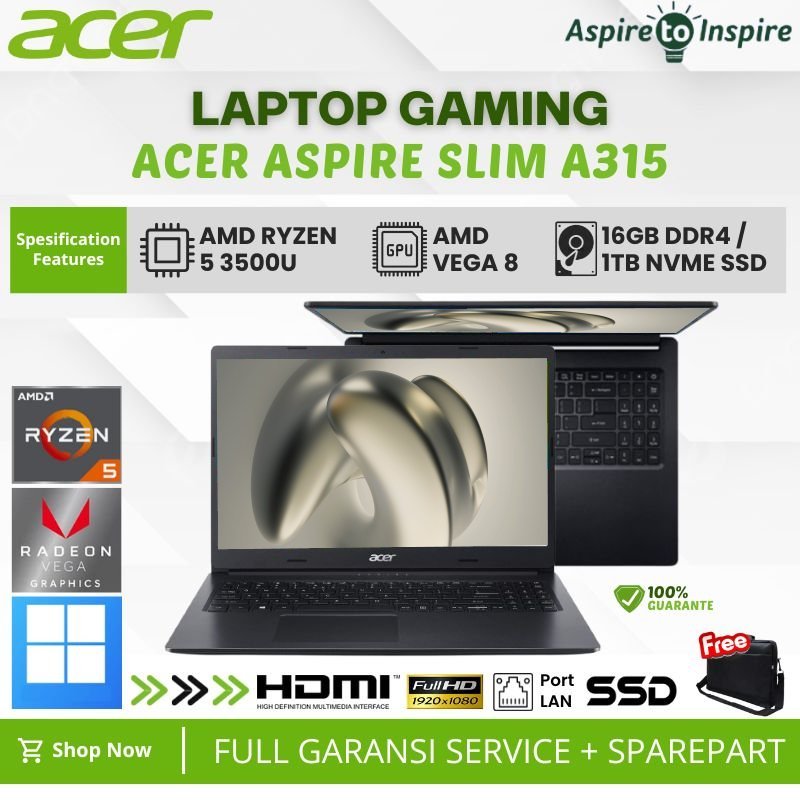 Jual Laptop Multitasking Acer Aspire Slim A315 AMD Ryzen 5 | Ram 16GB ...