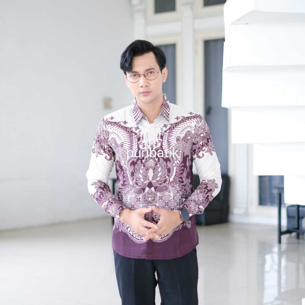 Jual kemeja batik putih ungu slimffit lapis furing katun | Shopee Indonesia