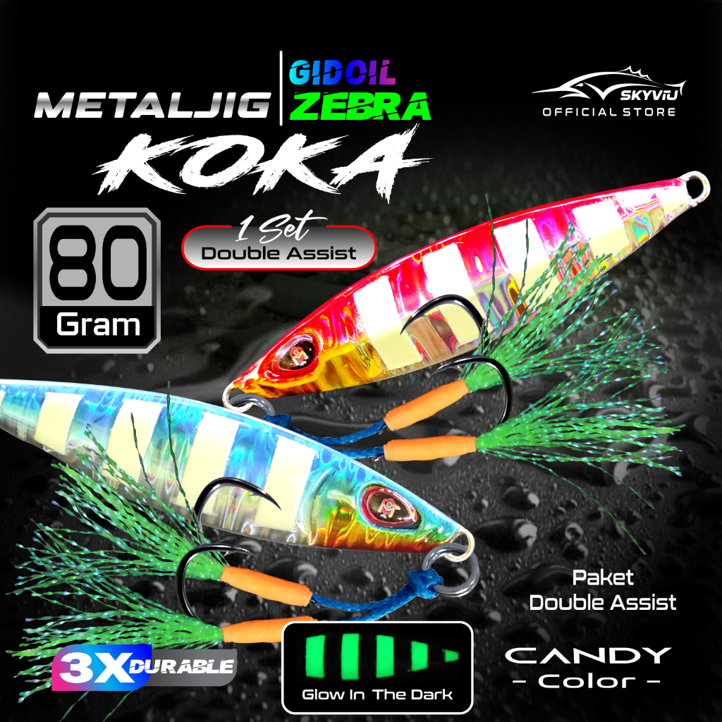 Jual Umpan Metal Jig 80 Gram SKYVIU KOKA GID Zebra Fosfor + Set Double Assist Hook Slow Jigging ...