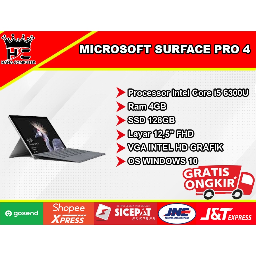 Jual MICROSOFT SURFACE PRO 4 INTEL CORE I5 6300U RAM 4GB SSD 128GB LAYAR 12,5" W10 | Shopee ...