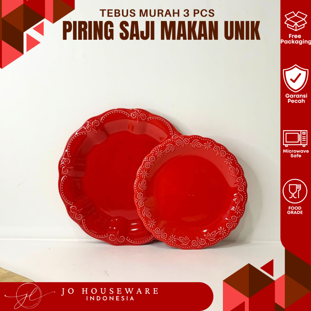 Jual SET 3 PCS Piring Makan Unik warna merah Keramik Premium Red color ...