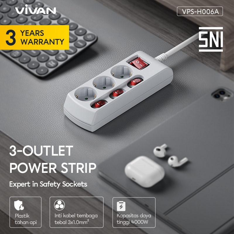 Jual VIVAN Safety Socket Stop Kontak 3AC Plastik Tahan Api 1,6M VPS ...