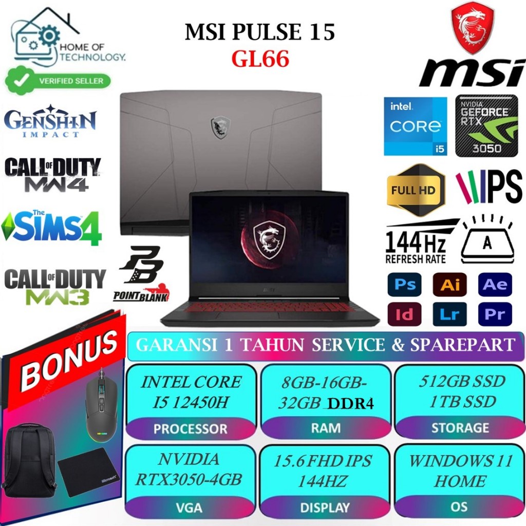 Jual MSI PULSE GL66 INTEL CORE I5 12450H RAM 32GB 1TB SSD RTX3050 LAYAR ...