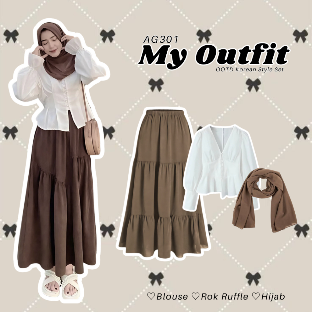 Jual 3in1 Outfit One Set Korean Style | Blouse + Hijab + Rok Ruffle ...
