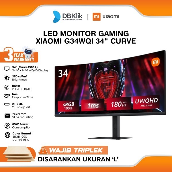 Jual Led Monitor Gaming Xiaomi G34WQi 34" Curve 1500R WQHD VA 180Hz 1ms ...