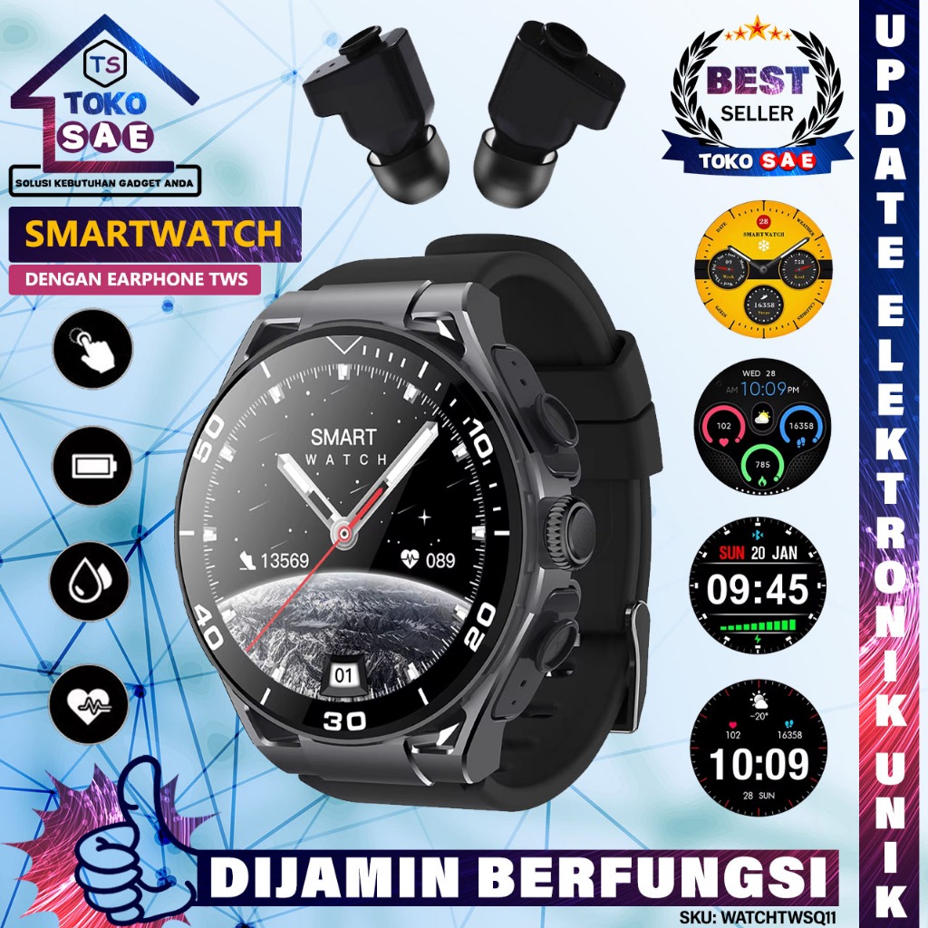 Jual Smart Watch 2in1 Bluetooth Musik MP3 Smartwatch & Earphone TWS ...