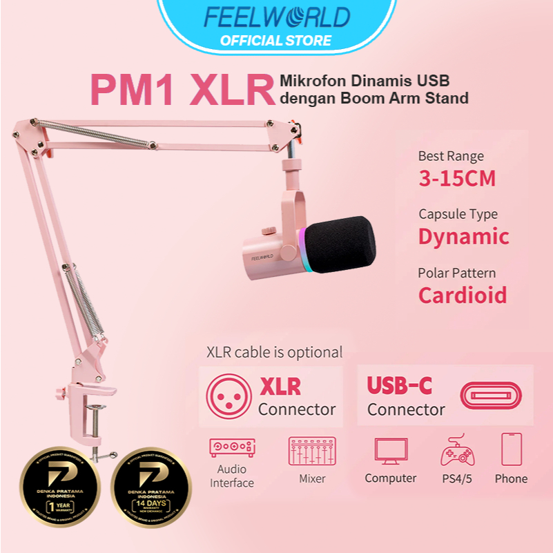 Jual FEELWORLD PM1 XLR USB Dynamic Microphone RGB with Boom Arm Stand ...