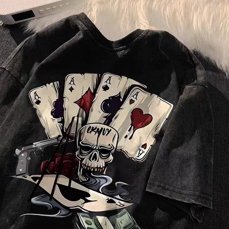 Jual Washed Kaos Oversize Vintage Skull Playing Cards Katun Murni Retro ...