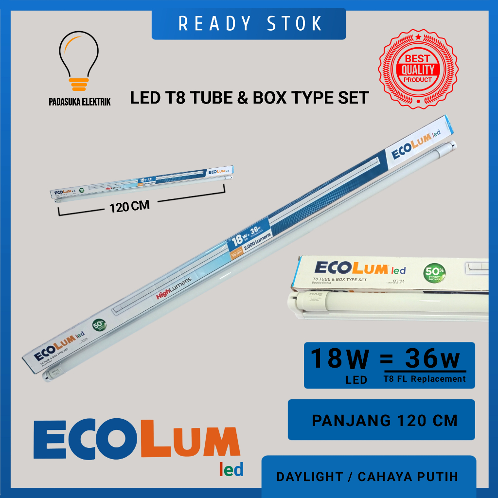Jual LAMPU TL LED T8 18 WATT 120 CM ECOLUM / KAP LAMPU TL LED SET T8 18 ...