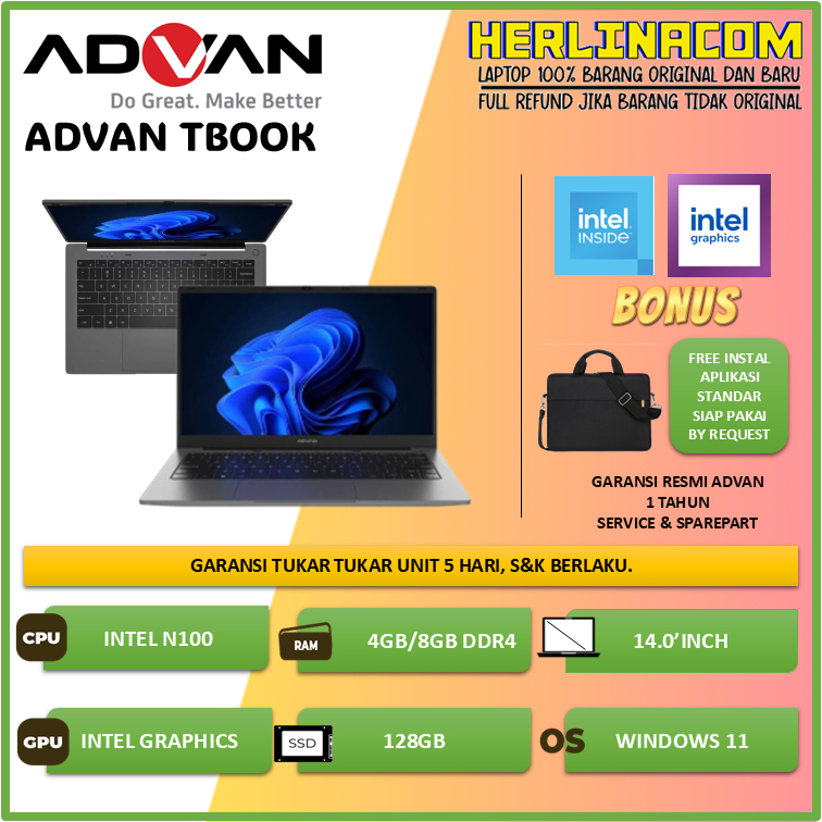 Jual LAPTOP ADVAN TBOOK INTEL N100 8GB 128GB WINDOWS 11 14.0 | Shopee ...