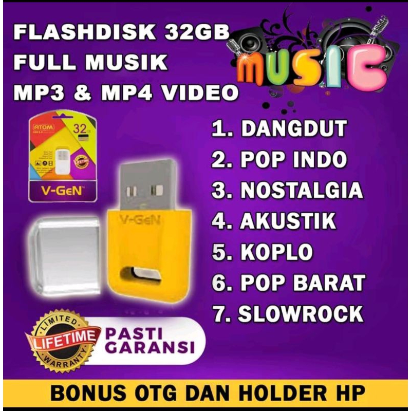 Jual V-GEN FLASHDISK FULL MU51K MP3 &MP4, geratis 2 OTG dan HOLDER HP ...