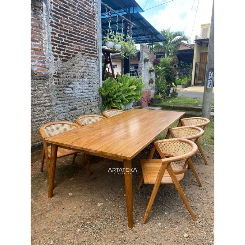 Jual Meja makan set minimalis kayu jati, Meja makan kursi kombinasi rotan. | Shopee Indonesia