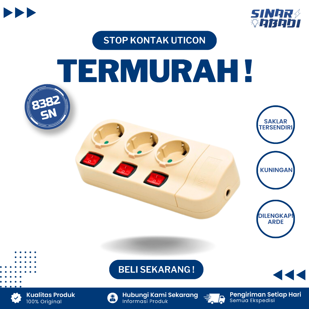 Jual Uticon Stop Kontak Arde + Saklar Masing Masing 3 Lubang 8382 | Shopee Indonesia