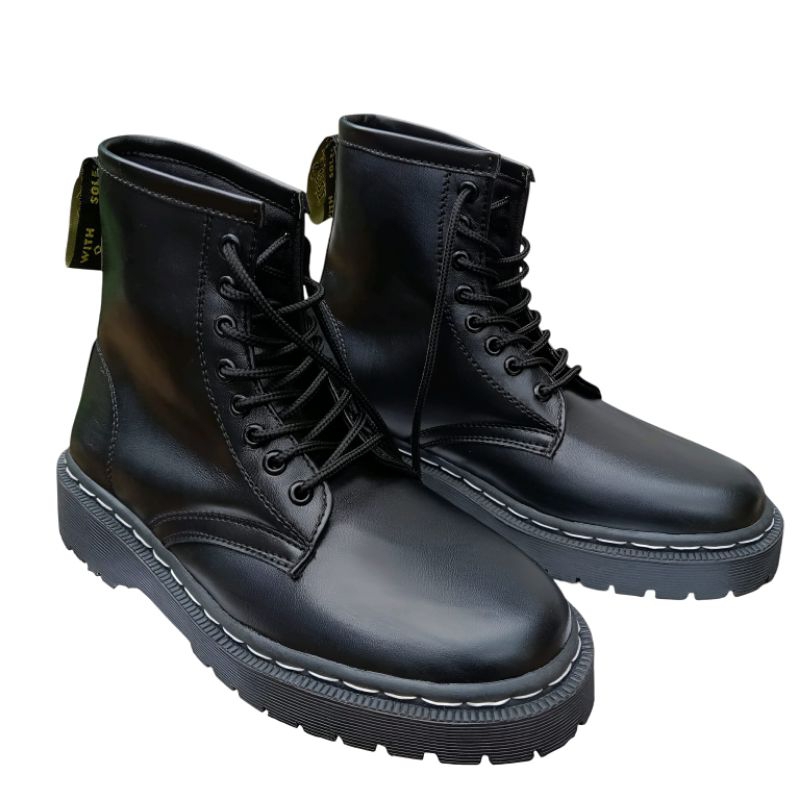 Jual sepatu boots kulit hitam tinggi casual pria wanita black ...