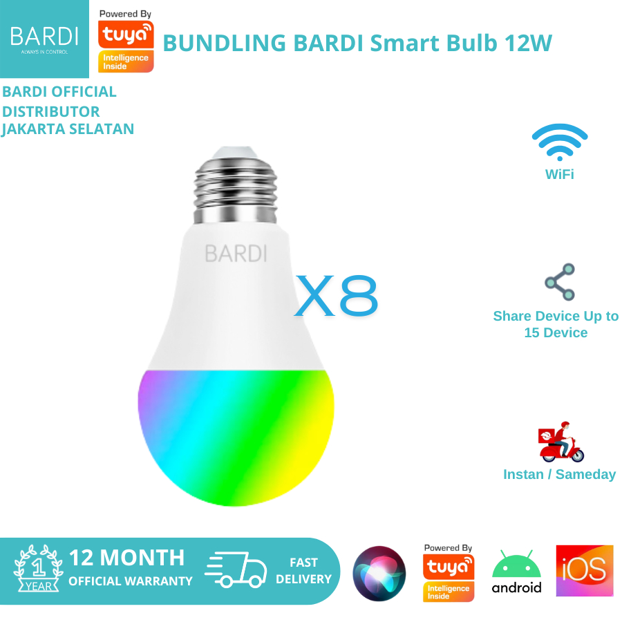 Jual BARDI Bundle 8 PCS Smart Light Bulb 12W RGBWW Wifi Wireless IoT ...