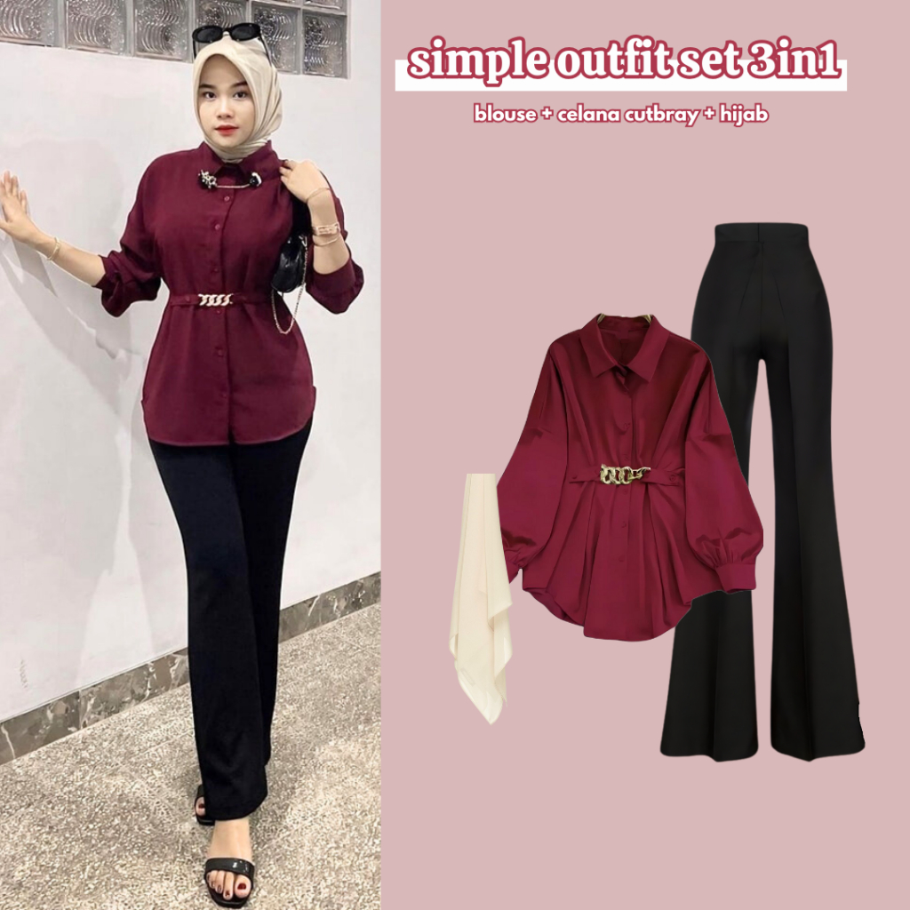 Jual One Set Korean Style 3in1 Blouse Rantai Wanita Celana Kulot ...
