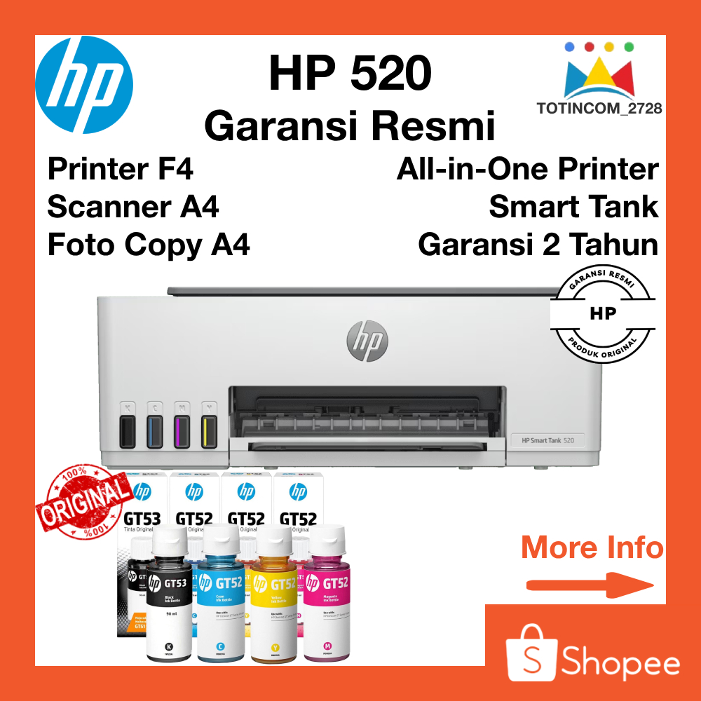 Jual Printer HP 520 Print F4 Scan Copy A4 All in one Smart tank Garansi ...